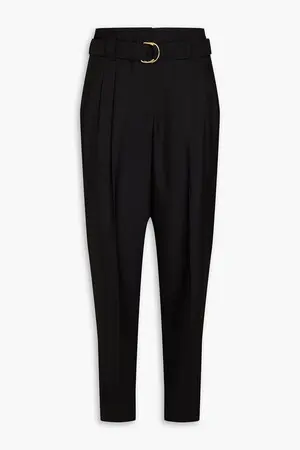 Another Tomorrow Pleated Wool Tapered Pants - Black