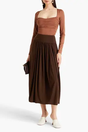 Tibi Gathered Jersey Midi Skirt - Dark Brown