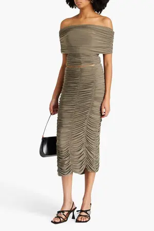 Tibi Ruched Stretch-jersey Midi Skirt - Army Green