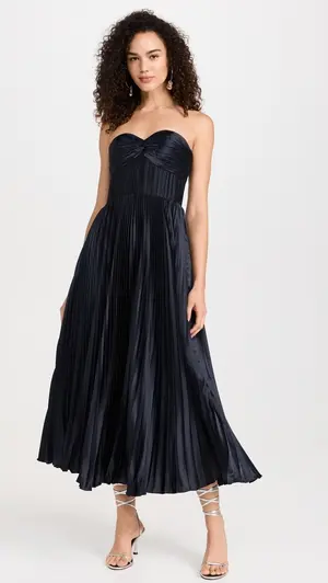 AMUR Belle Strapless Sweetheart Neck Pleated Midi Dress - Navy