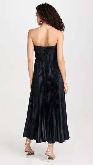 AMUR Belle Strapless Sweetheart Neck Pleated Midi Dress - Navy