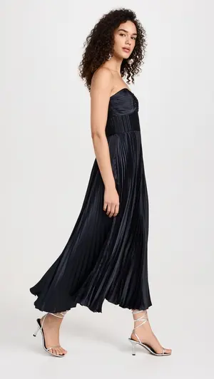 AMUR Belle Strapless Sweetheart Neck Pleated Midi Dress - Navy