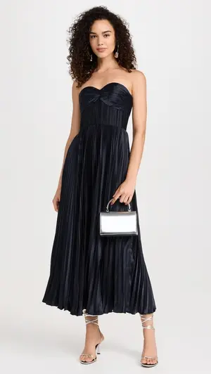 AMUR Belle Strapless Sweetheart Neck Pleated Midi Dress - Navy
