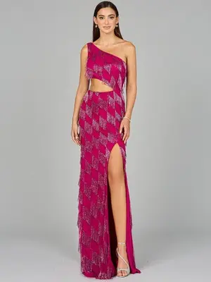 LARA NEW YORK One-shoulder Fringe Gown - Raspberry