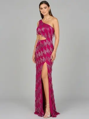LARA NEW YORK One-shoulder Fringe Gown - Raspberry