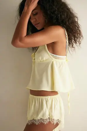 KAT THE LABEL Sorrento Satin Shorts With Lace Trim - Limoncello