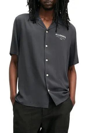 ALLSAINTS Underground Logo Graphic Camp Shirt Jackson Blue