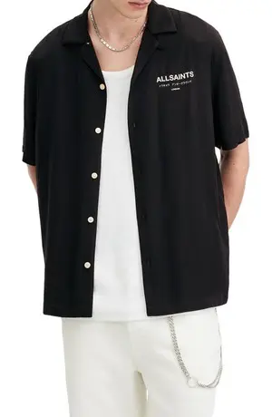 ALLSAINTS Underground Logo Graphic Camp Shirt Jet Black/ecru