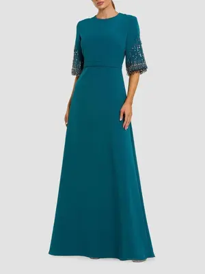 Mac Duggal Crêpe Beaded-sleeve A-line Gown Ocean