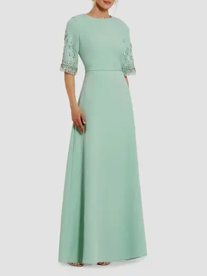 Mac Duggal Crêpe Beaded-sleeve A-line Gown Sage