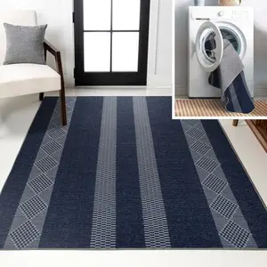 JONATHAN Y Nautisk Trellis Stripe Machine-washable Area Rug - Navy/gray