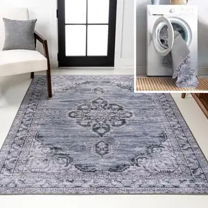 JONATHAN Y Wincer Chenille Cottage Medallion Machine-washable Area Rug - Navy/gray/black