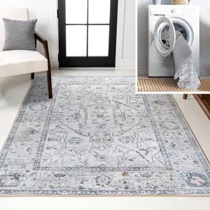 JONATHAN Y Brandy Rustic Border Low-pile Machine-washable Area Rug - Light Gray/blue