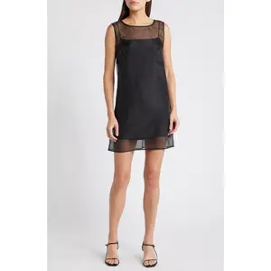 short black dress with sheer overlay Velvi - Lucia Sheer Sleeve Ruched Mini Dress - Black