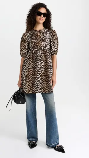 GANNI Cotton Poplin Print Puff Sleeve Mini Dress - Leopard