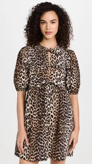 GANNI Cotton Poplin Print Puff Sleeve Mini Dress - Leopard