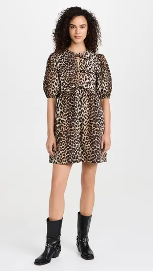 GANNI Cotton Poplin Print Puff Sleeve Mini Dress - Leopard