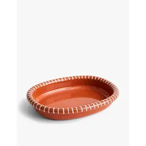 HAY Barro Large Striped Terracotta Oval Dish - Natural With Stripes