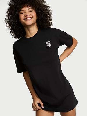 Victoria's Secret Oversize Cotton Sleep Tee With Lace Appliqu - Black