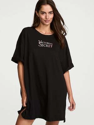 Victoria's Secret Oversize Cotton Sleep Tee With Lace Appliqu - Black
