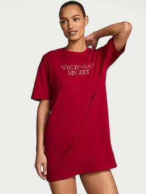 Victoria's Secret Victoria's Secret Oversize Cotton Sleep Tee With Lace Appliqué Red