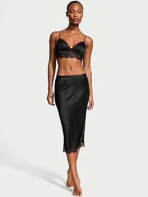 Victoria's Secret Very Sexy Satin Rose Lace-trim Bralette & Midi Skirt Set - Black