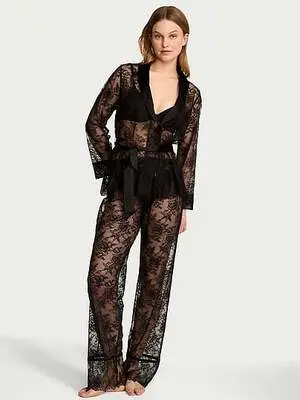 Victoria's Secret Rose Lace Long Pajama Set - Black