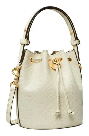 Tory Burch Mini T Monogram Debossed Bucket Bag - Light Cream