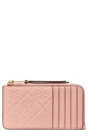Tory Burch T Monogram Debossed Zip Card Case Blush