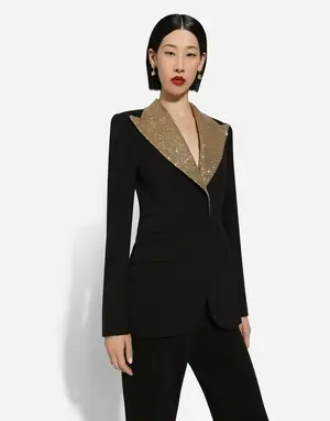 Dolce & Gabbana Single-breasted Wool Turlington Jacket With Sequined Lapels - Black