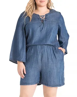 STANDARDS & PRACTICES Plus Bell Sleeve Lace Up Denim Romper - Navy