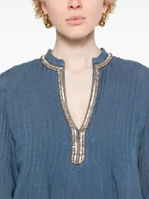 120% Lino Split-neck Linen Blouse