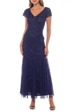 Marina B Beaded V-neck Gown