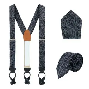 Trafalgar Sobee Paisley Braces, Necktie, And Pocket Square Set - Black
