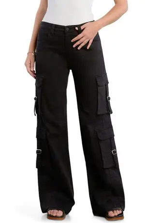 WASH LAB DENIM High-waist Straight-leg Cargo Jeans - Black