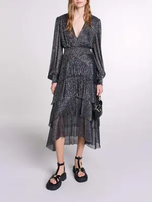 Maje Metallic Ruffled Maxi Dress - Black/glitter