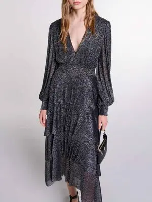 Maje Metallic Ruffled Maxi Dress