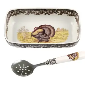 SPODE Woodland Turkey Cranberry Dish & Slotted Spoon - Brown