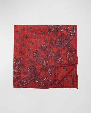 Brunello Cucinelli Silk Paisley Pocket Square Coral/navy