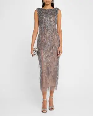knee length dresses for ladies Silver Plunging Beaded Tassels Feathers Handmade Prom Dress main image 1