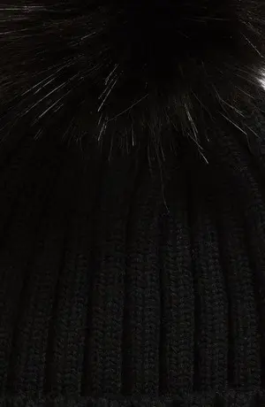 Moncler Virgin Wool Ribbed Beanie With Faux Fur Pompom - Black