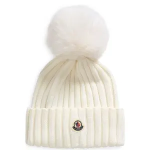 Moncler Moncler Virgin Wool Ribbed Beanie With Faux Fur Pompom Natural