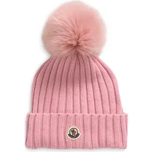 Moncler Moncler Virgin Wool Ribbed Beanie With Faux Fur Pompom Pastel Pink