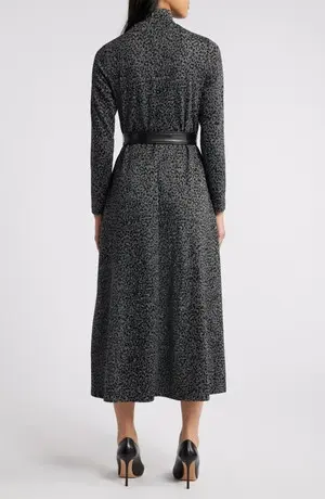 anne klein grey dress Anne Klein Leopard Belted Mock Neck Midi Dress In Mid Heather Grey Multi -  50% Off