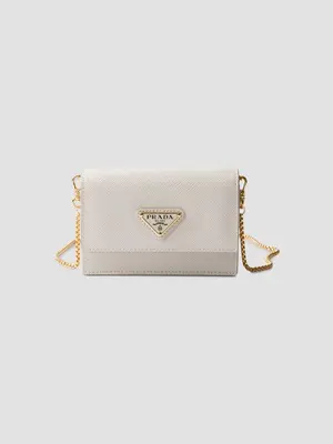 Prada Saffiano Leather Card Holder With Shoulder Strap Beige