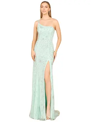 LARA NEW YORK One-shoulder Beaded Gown With Slit - Mint