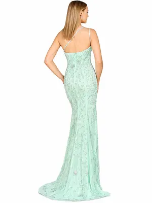 LARA NEW YORK One-shoulder Beaded Gown With Slit