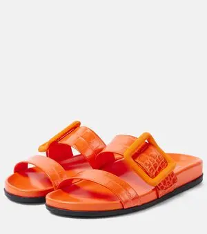 Manolo Blahnik Mayfu Leather Slides - Orange