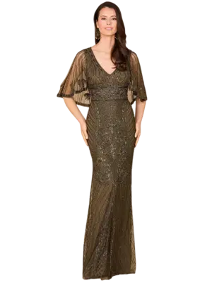 LARA NEW YORK Cape Sleeve V-neck Beaded Gown - Olive
