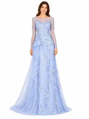 LARA NEW YORK Asymmetrical Overlay Gown With Sleeves - Periwinkle